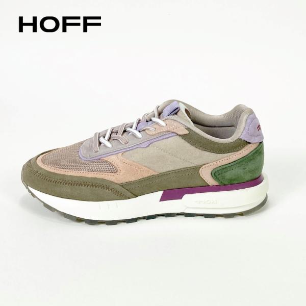 異なる複数のマテリアルとカラーコンビが特徴のHOFFのローカットスニーカー。ピンクベージュ×グリーン、かかとのパープルの色合いがとてもおしゃれです。低反発のインソールを使用しているので、クッション性に優れ、長時間履いても疲れにくく足裏にフィ...