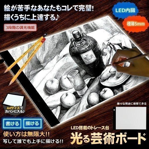 A4サイズのトレース台です。厚さが5mmと薄いため、場所を取りません。薄くて軽く、収納・持ち運びにも便利です。3段階の調光機能を搭載。使用環境によってお好みの明るさに調節が可能です。モバイルバッテリーやパソコンなどにも接続できどこでも作業が...