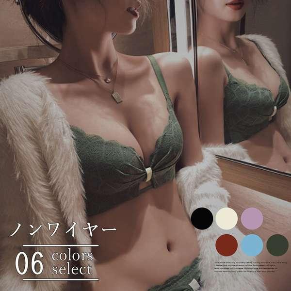 セクシーでキュートな花柄レースブラショーツセット ノンワイヤーで付け心地がとにかく楽なのにしっかりバストを包む また下厚カップなのでバストトップが上がりきれいなバストラインが手に入る ブラとお揃いのデザインショーツで、勝負下着にも♪