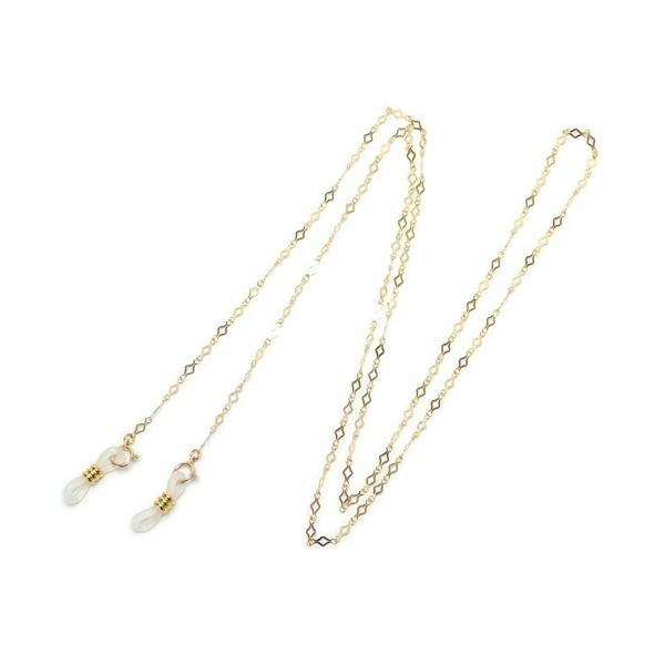 セレブなK10ゴールドの眼鏡チェーンです。菱型（ダイヤ型）が連なったようなチェーンがキラキラと上品リッチな印象です。18金よりも10金の淡いカラーが上品です。金の眼鏡フレームに合わせたり、贈答品にもおススメです。 ヒキワ金具が付いていますの...