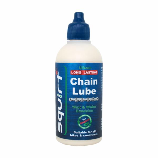 squirt CHAIN LUBE 120ml ・ワックス系チェーン潤滑剤。低摩擦抵抗。 液体が乾燥するとドライタイプになり、チェーンがきれいなままで長時間持続。 持続性：約480-640km