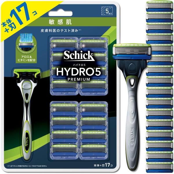 Schick(シック) ハイドロ5プレミアム 敏感肌 クラブパック(ホルダー(刃付き)+替刃16コ) 髭剃り カミソリ 男性用 シルバー ・「スキンガード付5枚刃」が、肌上の動きをコントロールして摩擦を軽減・「パラレルフィン・ガードバー」で...