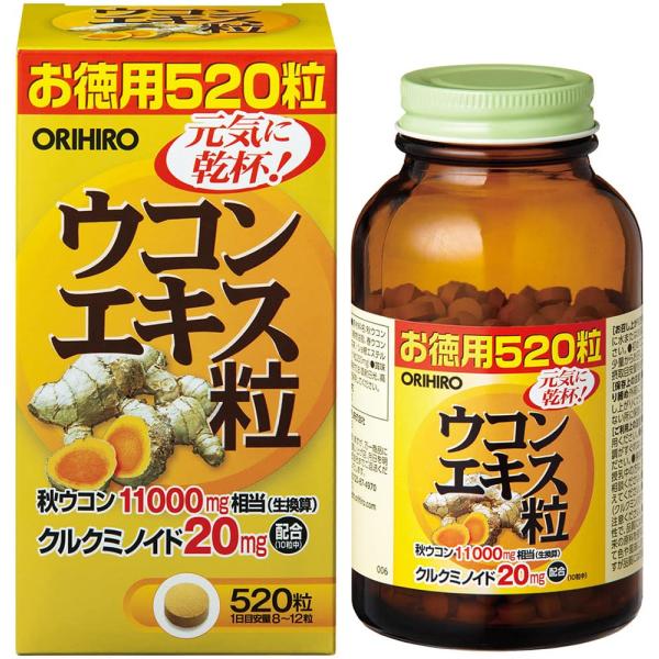 オリヒロ ウコンエキス粒 520粒 ・ウコン粉末＋ウコンエキス末・サイズ(外装):幅70*奥行70*高さ134(mm)・内容量:130g(約520粒/1粒250mg)・約43-65日分
