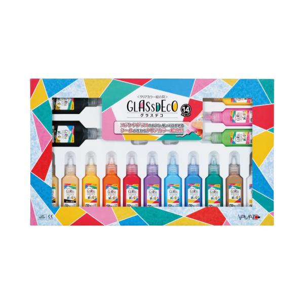 ヤマト 画材 アクリル グラスデコ 14色 GDS14 ・【1本容量】22ml、40ml(黒のみ) 【色数】14カラー 【セット内容】カラーフィルムシート5枚、作品参考例、下絵イラスト集・【ご注意】グラスデコを貼ったガラス容器は水洗いできま...