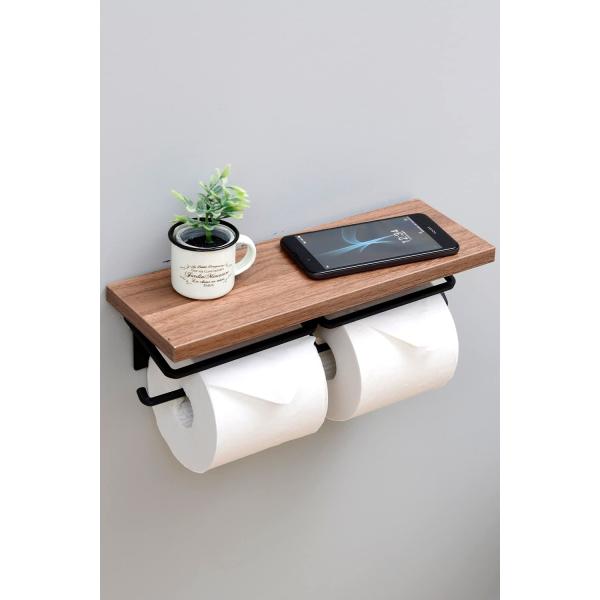 山善(YAMAZEN) トイレットペーパーホルダー 棚付き (スマホ置き/インテリア) ダブル 汚れに強い天板 かんたん設置 幅32×奥行11×高さ9cm ダークブラウン/マットブラック RPH-W(DBR3/MBK) ・●別売りのトイレッ...