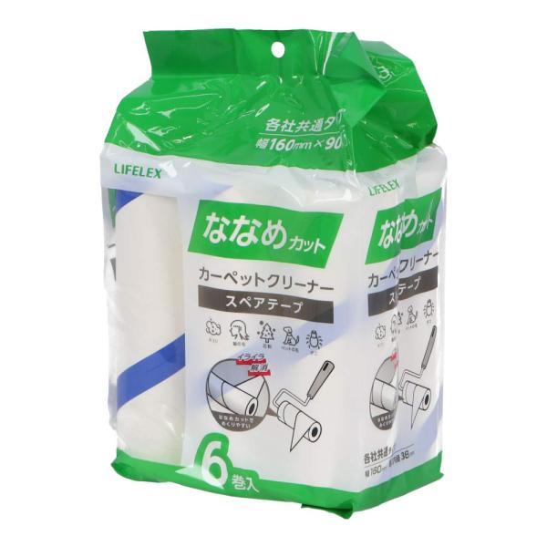 コーナン オリジナル LIFELEX 粘着クリーナー替 6P 斜めカット ・【特長】●ホコリ・髪の毛・花粉・ペットの毛・ダニ対応●ななめカットでめくりやすい【仕様】●幅：１６０ｍｍ（紙芯は３８ｍｍ）長さ：（９０周分）材質：テープ　粘着加工紙...