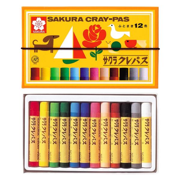 サクラクレパス クレパス 12色 ゴムバンド付き LP12R ・【12色】黄色・薄橙・茶色・赤・桃色・水色・黄緑・緑・青・灰色・黒・白・【単品サイズ】Φ11×71mm／本・【本体サイズ】90×152×19mm・【特長1】のびのびと自由に描け...