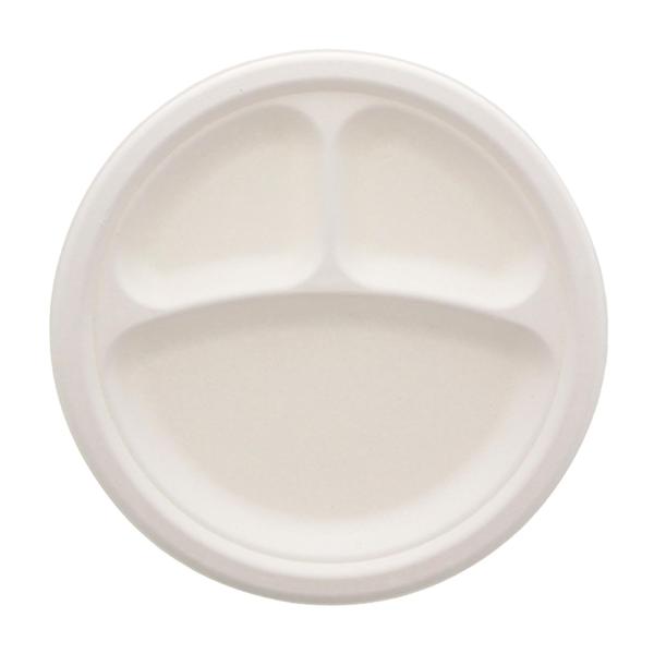 シモジマ ヘイコー 使い捨て 紙皿 バガス 深皿プレート 業務用 徳用プレート ホワイト 23cm 3仕切り 50枚入 004466161 ・カラー：白・サイズ：φ２３ｃｍ・入数：50枚・材質：天然パルプ（バガス紙）・規格：２３ｃｍ