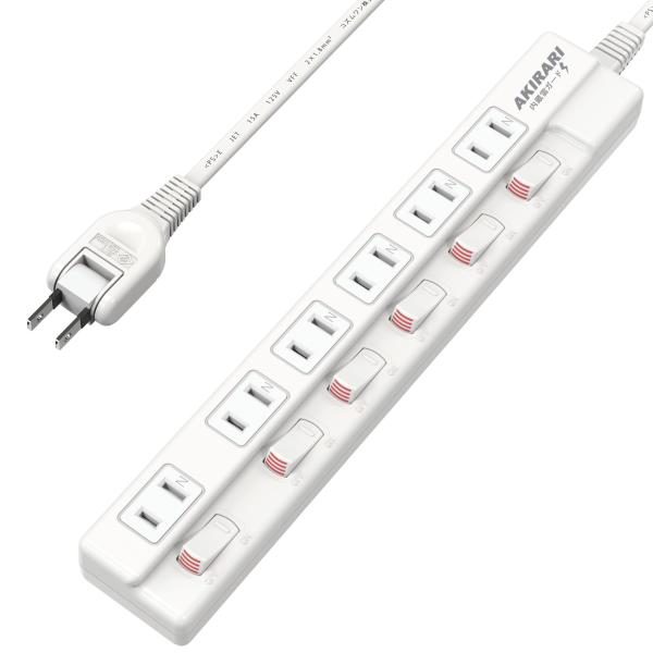 【防塵防雷 個別スイッチ】 電源タップ 6口 AKIRARI コンセントタップ ホワイト 雷ガード スイッチ電源タップ テーブルタップ 延長ケーブル 1m 家庭用 6個口 ほこりシャッター付 過電流 過熱保護 すき間 180度スイングプラグ...