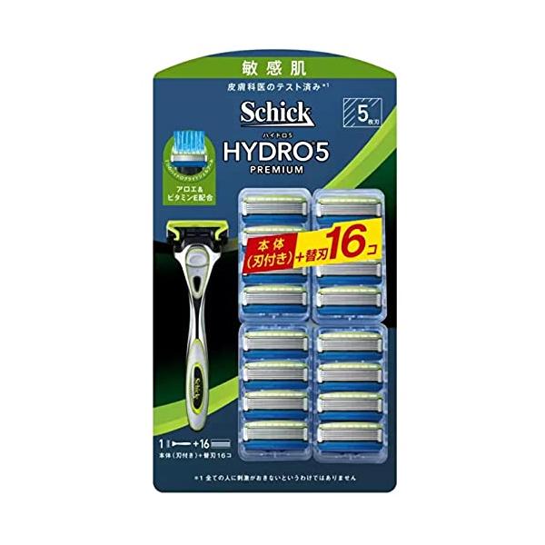 Schick(シック) 5枚刃 ハイドロ5 プレミアム 敏感肌用 本体+替刃16P 2個アソート ・コンパクトヘッドで細かい部分も簡単ケア・スキンガード付5枚刃で、滑らかな剃り味・本体(刃付き)＋替刃16個付・濃密ジェル搭載のスムーサーで、...