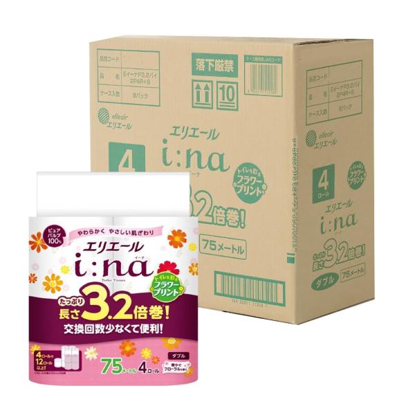 エリエール トイレットペーパー i:na(イーナ) フラワープリント 3.2倍巻き 75m×32ロール(4ロール×8パック) ダブル パルプ100% 華やぐフローラルの香り 【EC限定 正規段ケース】 【ハーフケース】 ・1ロール3.2倍巻...