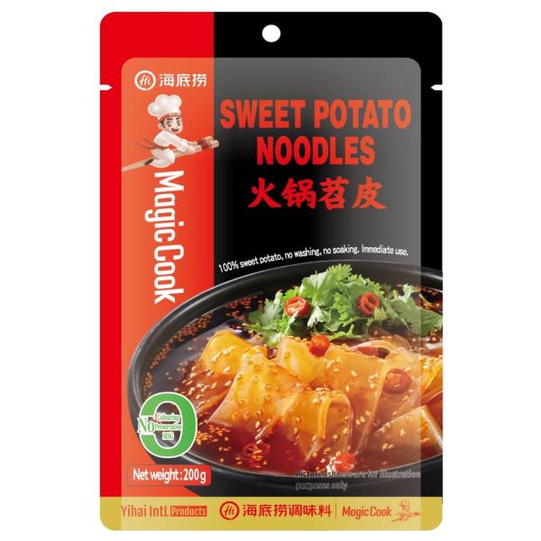 海底撈 極太さつまいも春雨 200g ・原材料：サツマイモでんぶん(100%)水、塩、香料・商品サイズ(高さx奥行x幅):1cm×24cm×15.6cm