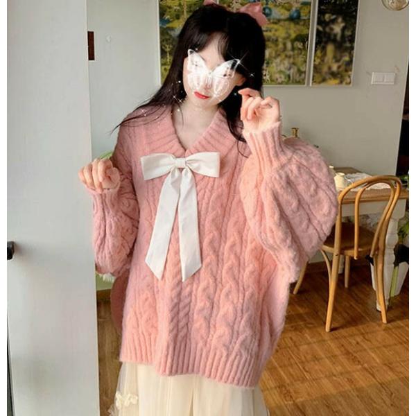 [セット内容]セーター/リボン「記載のないアクセサリー　小物等は付属しません」[素材]ニット[カラー]ピンク[サイズ (cm)]S/バスト110　着丈68　袖丈43　肩幅55※表記寸法と実寸値の多少の誤差はご容赦ください