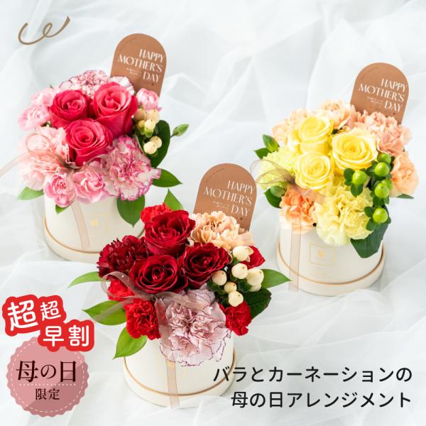 ■セット内容バラとカーネーションの母の日アレンジメントオリジナルカード（商品に着けた状態でお届け）母の日専用お手入れ説明書■カラーピンク：温かい心、感謝レッド：母への愛、純粋な愛イエロー：思いやり、感謝■サイズ約H20×W18×D16cm■...