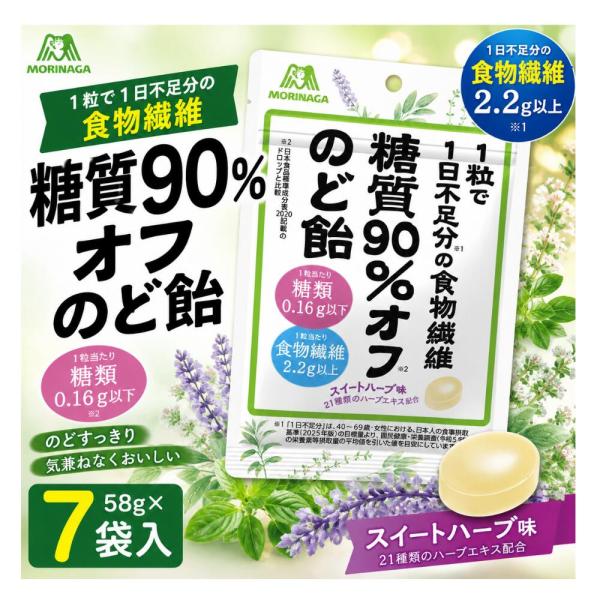 森永製菓 糖質90パーセントオフのど飴 スイートハーブ味 58g×7袋糖質だけでなく、毎日の食生活で不足しがちな食物繊維にも着目したのど飴です。1粒標準3g当たり食物繊維2.6gを含み、エネルギーは6kcal。21種類のハーブエキスを配合し...