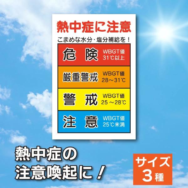 暑さ指数（WBGT値）による警戒レベルで熱中症予防行動の目安に！水分補給、塩分補給、こまめな休憩など熱中症を防ぐための行動を促す看板です。熱中症予防行動は作業現場や教育現場だけでなく、福祉施設や老人ホームなど、従業員や高齢者・体力の弱い方々...