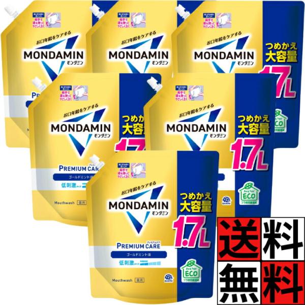 送料無料 モンダミン 詰め替え プレミアムケア ゴールドミント マウスウォッシュ 洗口液 大容量 特大 パウチ 爽快 低刺激 口臭 むし歯 歯肉炎 予防 1.7L