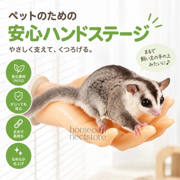 製品仕様素材：PETGタイプ：2タイプタイプAサイズ：約12×20×6cmタイプBサイズ：約8.5×20×4cm仕様：ハンド型 / ケージ固定式用途：手乗り練習 / おやつ誘導 / ケージ内ステップ / 止まり場 / 休憩スペースなど対象例...