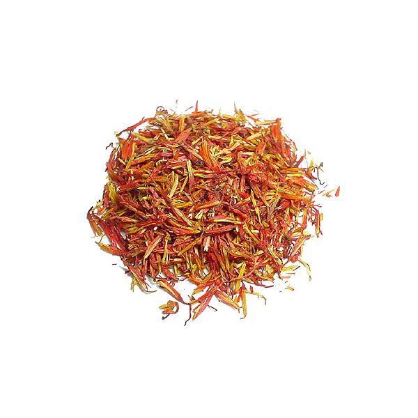 とってもキレイな黄金色のサフラワーティーです。紅花（ベニバナ）の名前でも親しまれ、食用にもなる花弁は、飲料、化粧品の着色としても使われています。源氏物語に登場する「末摘花」とはこのベニバナのことです。