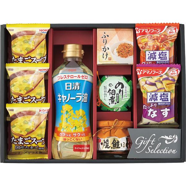 アマノフーズのだしの旨みと香りが引き立つ減塩おみそ汁とたまごスープに小豆島の醤油で炊き上げた海苔の佃煮、もらってうれしい日清キャノーラ油と焼鮭ほぐしを組み合わせたギフトです。●商品内容／日清キャノーラ油３５０ｇ×１、アマノフーズ減塩いつもの...