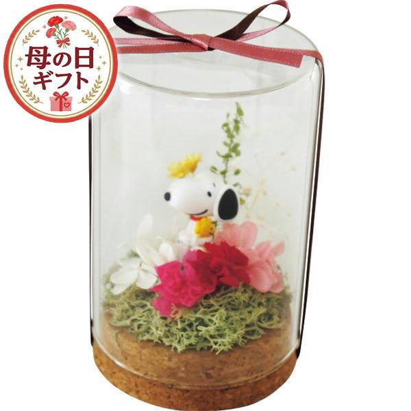 【発売日：2026年05月07日】ガラスキャニスターの中に小さなお庭をイメージして仕上げた、テラリウム風のプリザーブドフラワーアレンジです。カラフルな花材とモスを組み合わせた立体感のあるデザインに、スヌーピーとウッドストックがハグするピック...