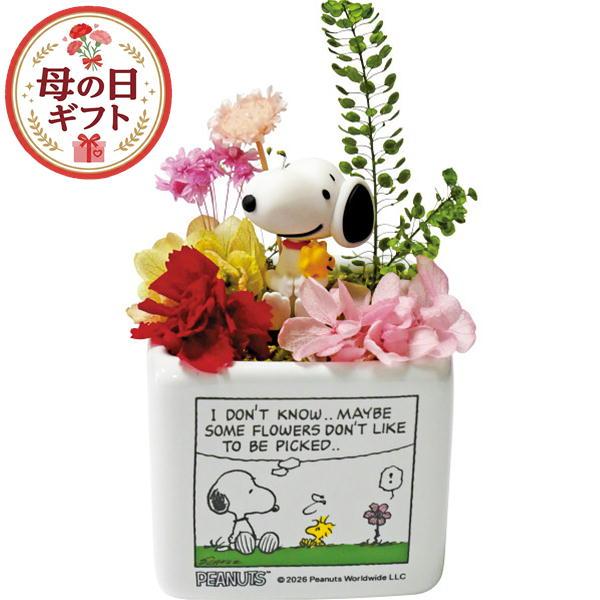 【発売日：2026年05月07日】小さなお庭をイメージしてアレンジした、可愛いプリザーブドフラワーの母の日専用ギフトです。カラフルなお花やグリーンに囲まれたスヌーピーがちょこんと佇むデザインは、見ているだけで癒される優しい雰囲気。マイクロカ...