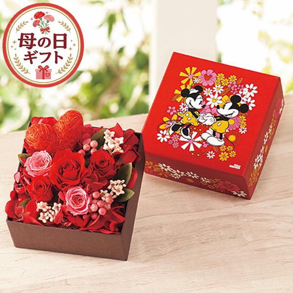 【発売日：2026年05月07日】ミッキー＆ミニーの世界観を楽しめる、母の日専用のボックスフラワーアレンジメントです。プリザーブドローズやアジサイ、小花を組み合わせた華やかなアレンジを、日比谷花壇オリジナルのボックスに丁寧にセットしました。...