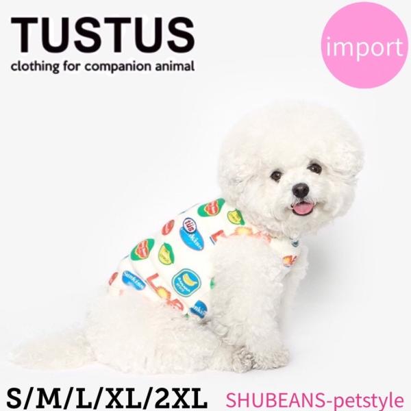 おなじみのフルーツマークのパロディプリント☆ウイットな可愛さがtustusらしいです。素材も縫製も100%韓国製にこだわり、クオリティーも◎伸縮性に優れて肌触りも良いです。【ブランド】TUSTUS【生産国】　韓国【素材】　　綿、スパン【サイ...