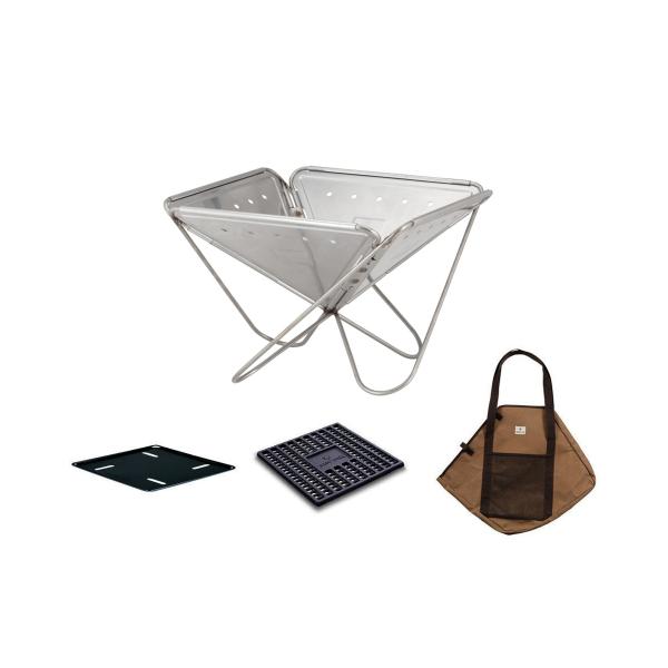 焚火台Lに必要なアイテムをまとめたスターターセットです。焚火台本体、ベースプレート、炭床、収納ケースがそろっています。丈夫なステンレス製で安定感が高く、調理にも使えるサイズです。組み立てやすく、片付けも簡単なので初心者にも扱いやすいです。焚...