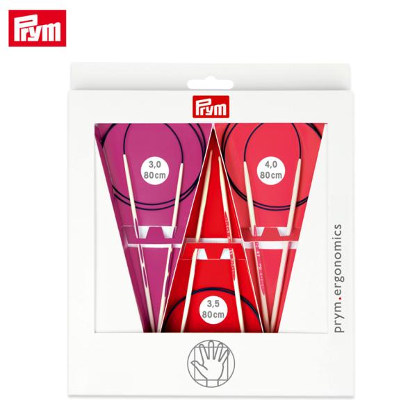 ドイツのメーカー「Prym（プリム）」の人間工学基づくデザインと品質で世界中で愛されている編針。輪針80cm3mm、3.5mm、4mmが入った限定カラー３本セットです。人間工学に基づき設計され、特殊な合成樹脂を使用し軽量かつ柔軟性のある編み...