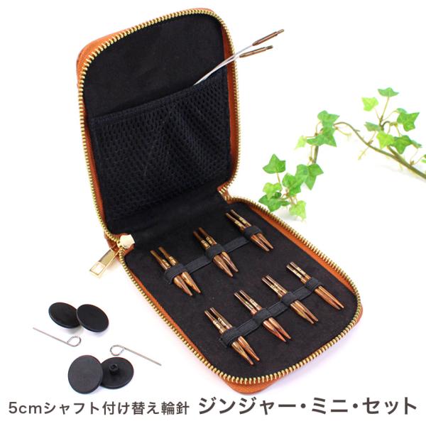 KnitPro(ニットプロ)の5cmシャフト付け替え輪針 ジンジャーミニセットです。■セット内容…丸型シャフト長約5cm交換針7サイズ（3.0、3.5、4.0、4.5、5.0、5.5、6.0mm）25cm回転式コード×1本、25cm固定式コ...