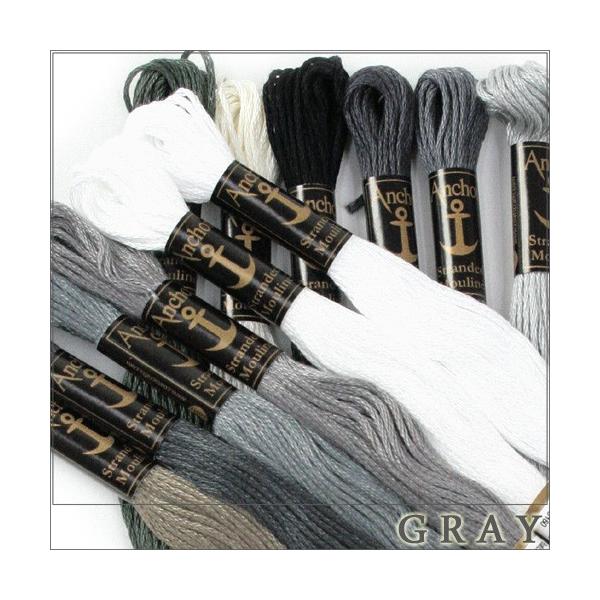 刺しゅう糸　Anchor 25番 グレー系【 サイズ(約) 】 長さ：8ｍ【 材質 】 綿100％【 太さ 】25番 【 発売元 】 Anchor イギリスの老舗メーカー「Anchor」の25番刺しゅう糸です。細糸6本がゆるく撚り合わさって...