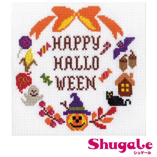 リースモチーフデザインのハロウィンクロスステッチキットです。額は別売りです。【 サイズ(約) 】額外径 24.4×24.4cm 額内径 20×20cm31×19.5cm厚み1.6cm(パッケージサイズ)【 セット内容 】 25番ししゅう糸、...