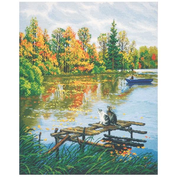 ロシアのメーカー、Oben（オーベン） のクロスステッチ・刺繍キットです。紅葉が水面に映る美しい湖で、つりを楽しむ主人と、桟橋で2匹の猫が帰りを待つ、微笑ましい一枚です。【 サイズ（約） 】34×40cm（完成サイズ）29.7×21cm（パ...