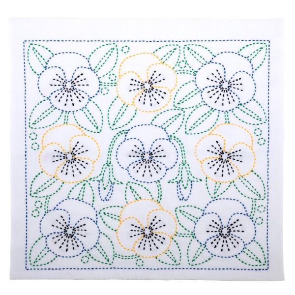 手縫いの花ふきん 刺し子キット「SASHIKO WORLDシリーズ」。太陽の国ともいわれる、明るく陽気なメキシコを旅する気分でSASHIKOを楽しみませんか。花の栽培が盛んな中でも人気の高いパンジーをデザインしました。【 サイズ(約) 】3...