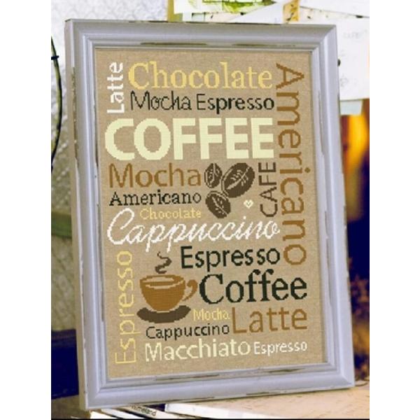 ■作品名 Coffee Letter■完成サイズ 11ct: 42×55cm14ct: 34×45cm■内容　アイーダ布（ベージュ）、刺繍糸、針、図案と説明書（英語）コーヒーの文字サンプラーです。ベージュのアイーダにモカやエスプレッソなどの...