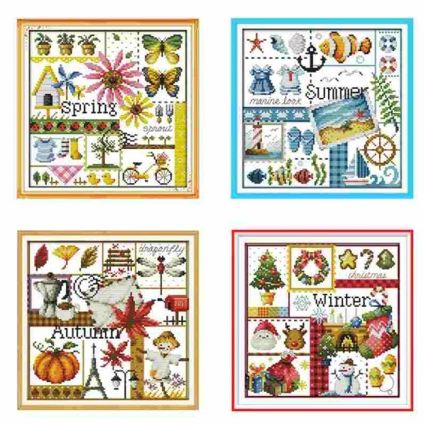 【デザイン】　春夏秋冬４種■内容　14カウントアイーダ布(白)、刺繍糸、針、図案■完成サイズSpring春 26×26cmSummer夏 27×26cmAutumn秋 27×26cmWinter冬 27×27cm季節ごとに飾ってお楽しみくだ...
