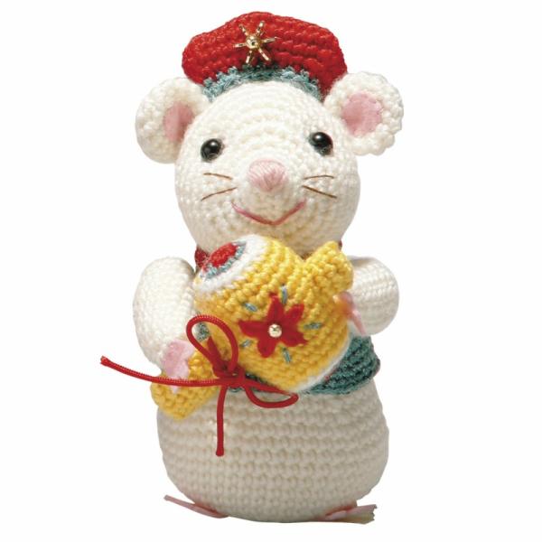 干支キット「ねずみ」【初〜中級者向】*3/0号・4/0号かぎ針をご用意ください。■出来上がりサイズ本体約高さ14ｃｍ×幅8ｃｍ※出来上がりサイズには若干の差が生じます。■キット内容ミルキーキッズ、エタニティラメ、25番刺しゅう糸、フェルト、...