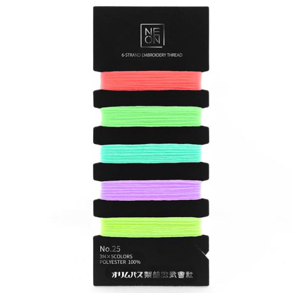 NEON　刺しゅう糸セット<br>ネオン感のある圧倒的発色・柔らかく糸滑りの良い差し心地　１５色のカラーバリエーション<br>NEON２５番刺しゅう糸各３ｍＸ５色<br>品質：糸（ポリエステル100％）&...