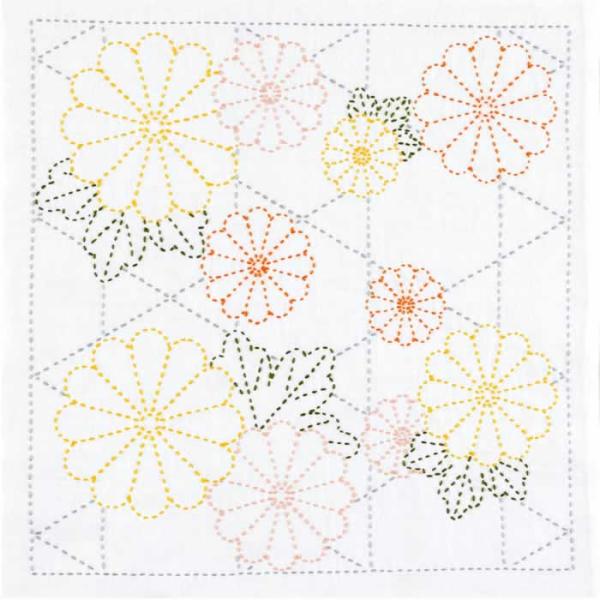 四季の花ふきんキット出来上がりサイズ：約縦34cm×横34cm●刺し子糸（綿１００％）●晒木綿　（綿１００％）●作り方説明書（英語版付き）●刺し子針図案は布にプリント済み。このキットの作り方説明書は、日本語とともに英語版を並列表記しておりま...