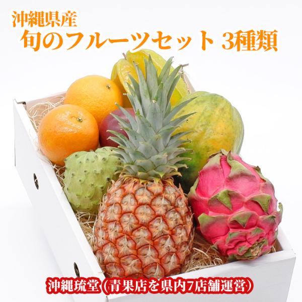 沖縄県産 旬のフルーツ詰め合わせセット3種類を、化粧箱にお入れして【全国送料無料】にてお届けします。ご好評いただいている、各フルーツの食べ方説明書付きです。ギフトには最大限対応させていただきますので、何なりとお申し付けくださいませ。
