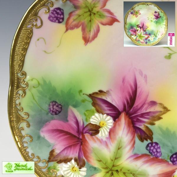 オールドノリタケの花図飾り皿です。本物保証致します。細部まで丁寧に金彩と絵付が施された味わい深い作品です。経年に伴なう擦り傷や汚れ等ありますが割れ欠けニュウ等無く全体的に好状態です。この機会をお見逃し無く！【大きさ】直径24cm 　高さ 2...