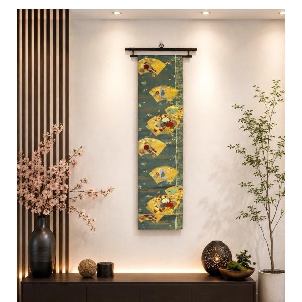 ■画像にある小物(ハンガーや花など)は商品に含まれません。◆帯のリメイク品です。■サイズ---【cm】31　長さ約173■帯として未使用の美品の帯をリメイクしました。くすんだ青地(カーキ色に近い)に金糸の扇面に小花草文様です。高級感がある帯...
