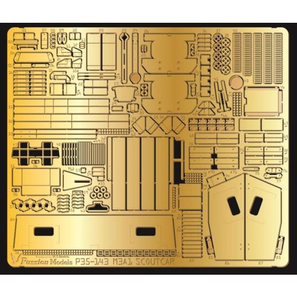 タミヤの最新キットに対応したエッチングパーツ。薄い鉄板で出来ている部分を大体作り替えられます、ライトガードの折り曲げ用冶具、ボンネットキャッチピンを再現するホワイトメタル製部品4個も付属。赤軍兵士の帽子に貼る赤い星も付属。
