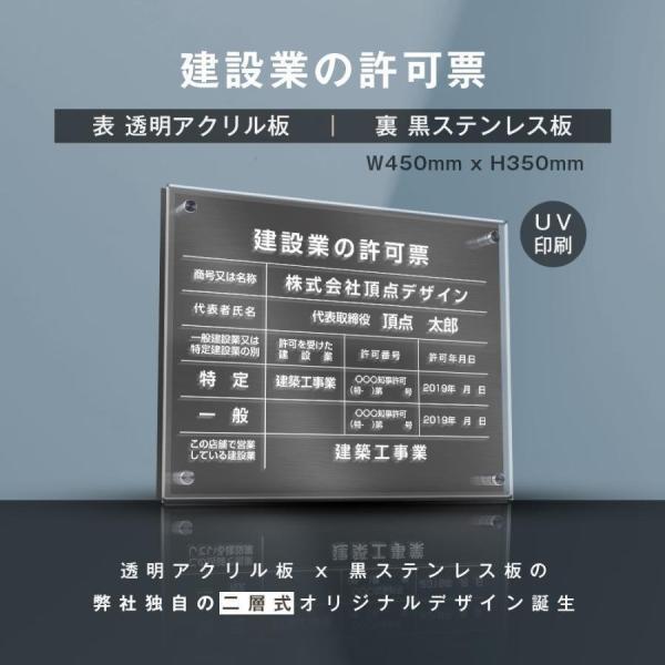 本体サイズ（mm）：横450×縦350×厚さ5mmアクリル板【業者票看板の法定サイズに遵守！】<br>材質：■表板：5mm高透明アクリル板　■裏板：1mm黒ステンレス板<br>備考：その他、銀ステンレス、金ステンレス...