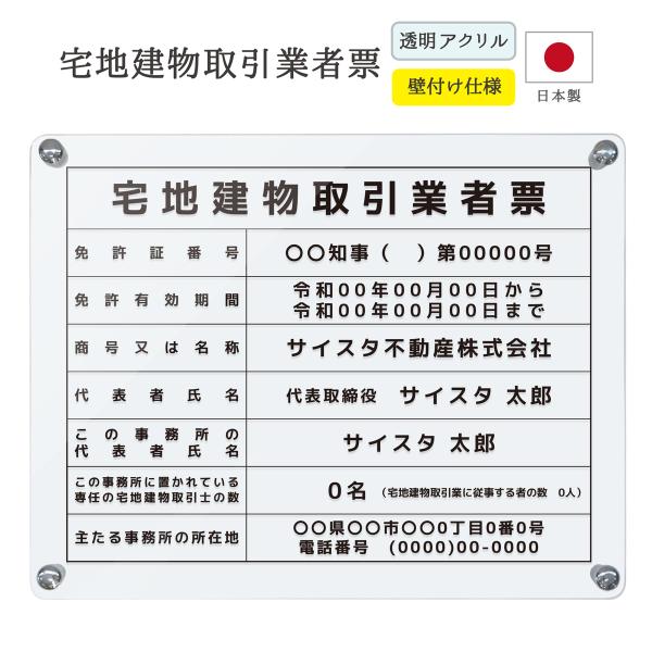 ■商品情報【商品名】宅地建物取引業者票【デザイン】E001【本体カラー】クリア【サイズ】横450 × 縦350（mm）【厚み】3（mm)【素材】アクリル【印刷方法】UV印刷【付属品】壁付け用化粧ビス4本【ご注意】新様式の宅地建物取引業者票の...