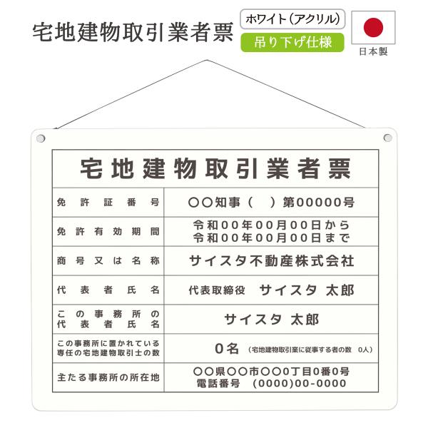 ■商品情報【商品名】宅地建物取引業者票 吊り下げタイプ【デザイン】E001【本体カラー】ホワイト【サイズ】横450 × 縦350（mm）【厚み】3（mm)【素材】アクリル【印刷方法】UV印刷【付属品】吊り下げ用ワイヤー1本、固定用ビス2セッ...