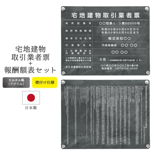 ■商品情報【商品名】宅地建物取引業者票＋報酬額表セット デザインパターン_モルタル風【デザイン】EK02 外枠なし【本体カラー】モルタル風 ※アクリルへの印刷になりますので石製ではありません。【サイズ】横450 × 縦350（mm）【厚み】...