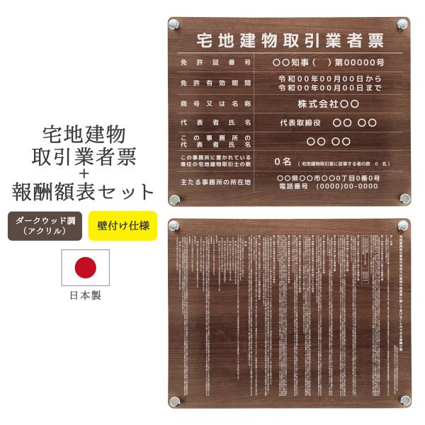 ■商品情報【商品名】宅地建物取引業者票＋報酬額表セット デザインパターン_ダークウッド調【デザイン】EK02 外枠なし【本体カラー】ダークウッド調 ※アクリルへの印刷になりますので木製ではありません。【サイズ】横450 × 縦350（mm）...