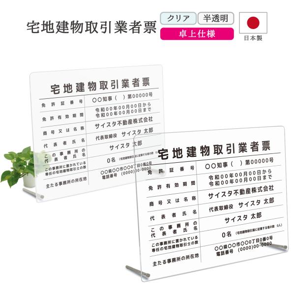 ■商品情報【商品名】宅地建物取引業者票【デザイン】E003【本体カラー】透明 半透明【サイズ】横450 × 縦350（mm）【厚み】3（mm)【素材】アクリル【印刷方法】UV印刷【付属品】卓上用ビス2本【ご注意】新様式の宅地建物取引業者票の...